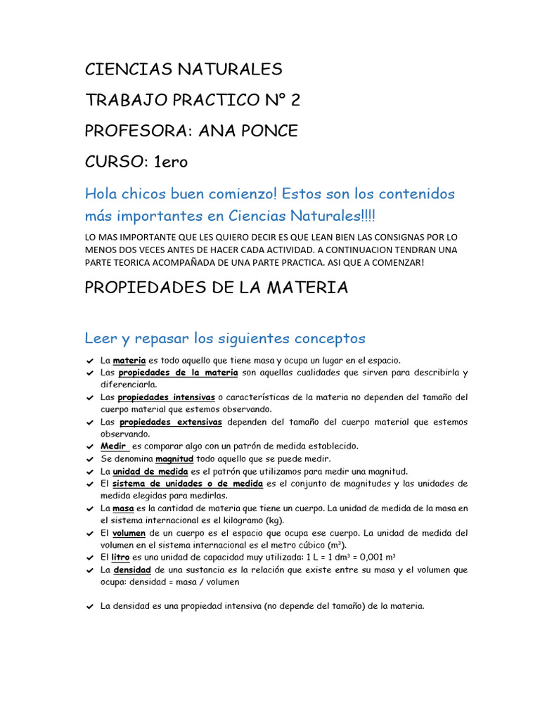 Cs Naturales 1° TP N 2 | PDF | Masa | Densidad