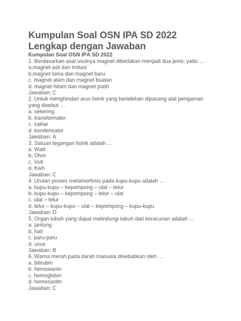 Kumpulan Soal OSN IPA SD 2022 Lengkap Dengan Jawaban | PDF