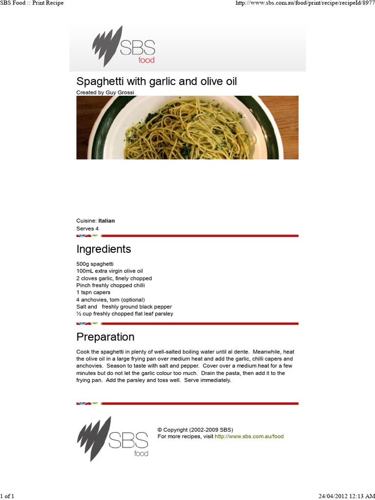 Spaghetti With Garlic and Olive Oil | PDF