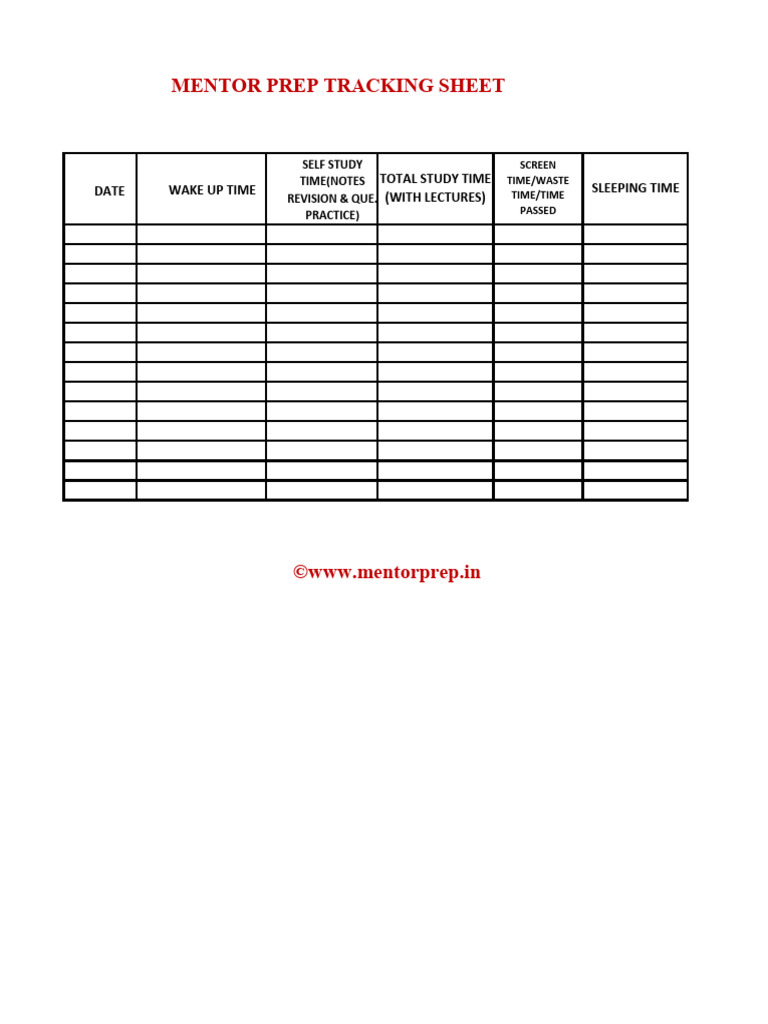 Mentor Prep Study Tracking Sheet | PDF