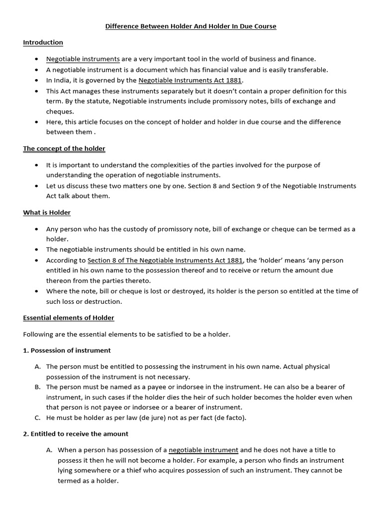 Understanding Holder vs. Holder in Due Course | PDF | Negotiable ...