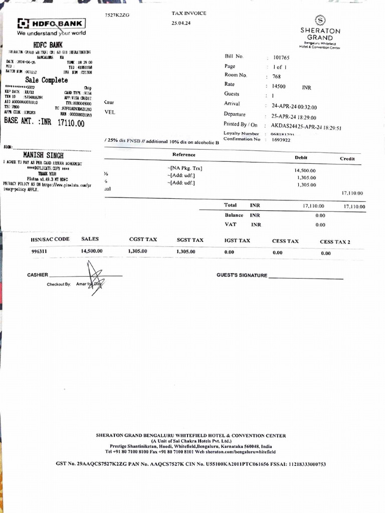 Sheraton Bill Sample | PDF