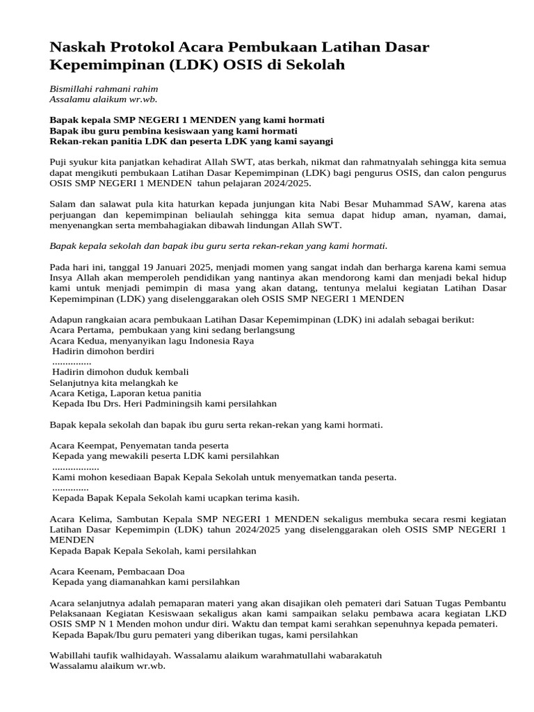 Naskah Protokol Acara Pembukaan Latihan Dasar Kepemimpinan | PDF