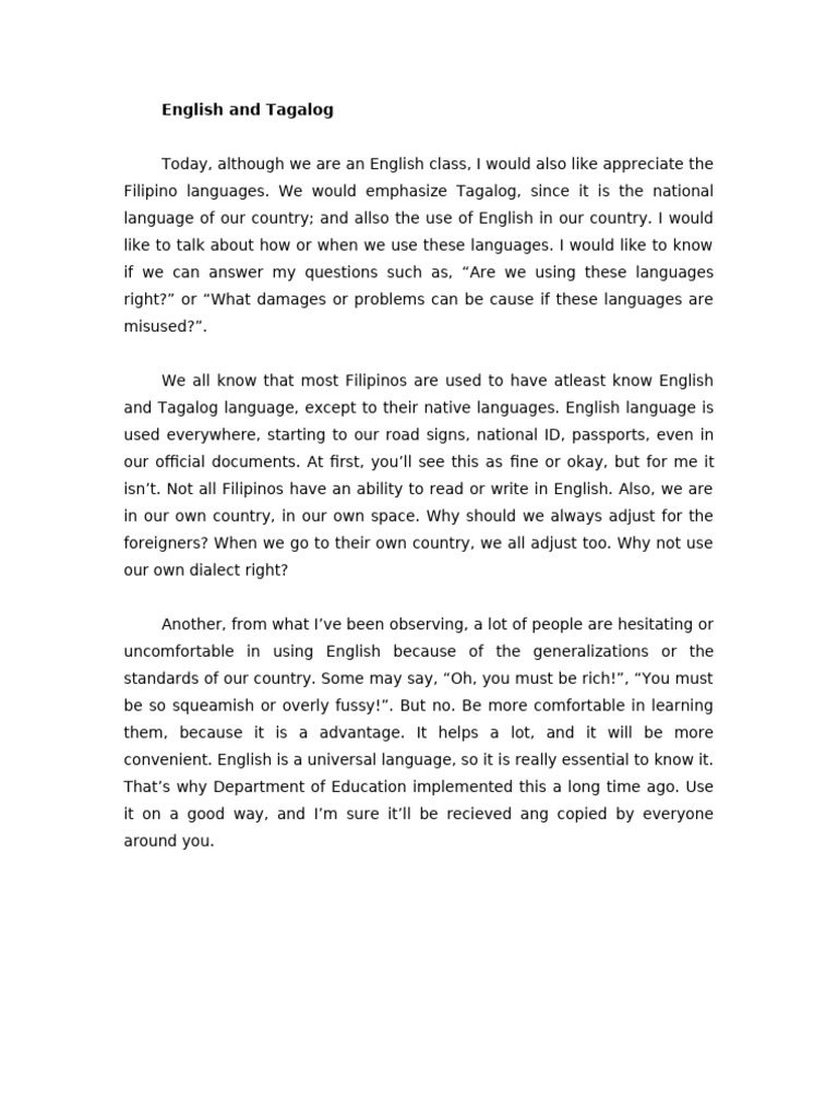 Persuasive Essay about Usage of English and Tagalog | PDF