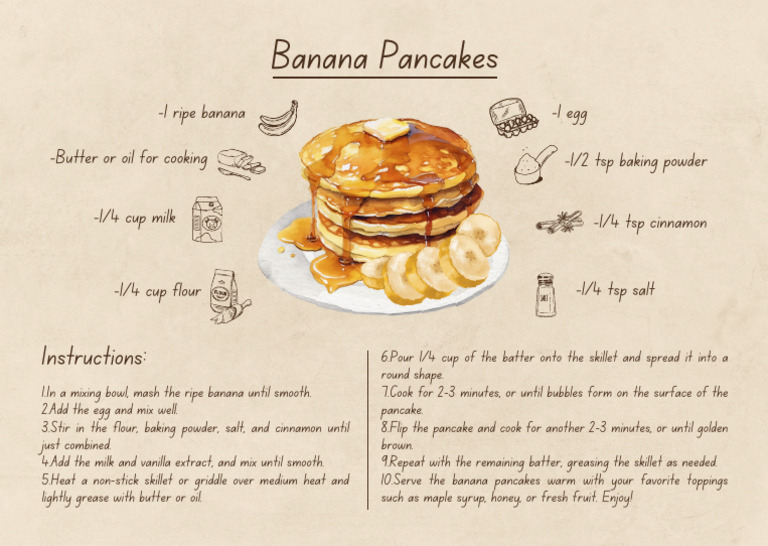 Beige and Brown Vintage Handcrafted Banana Pancakes Recipe Card | PDF