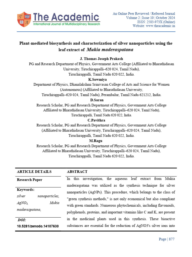 Plant-Mediated Biosynthesis and Characterization of Silver Nanoparticles Using The Leaf Extract ...