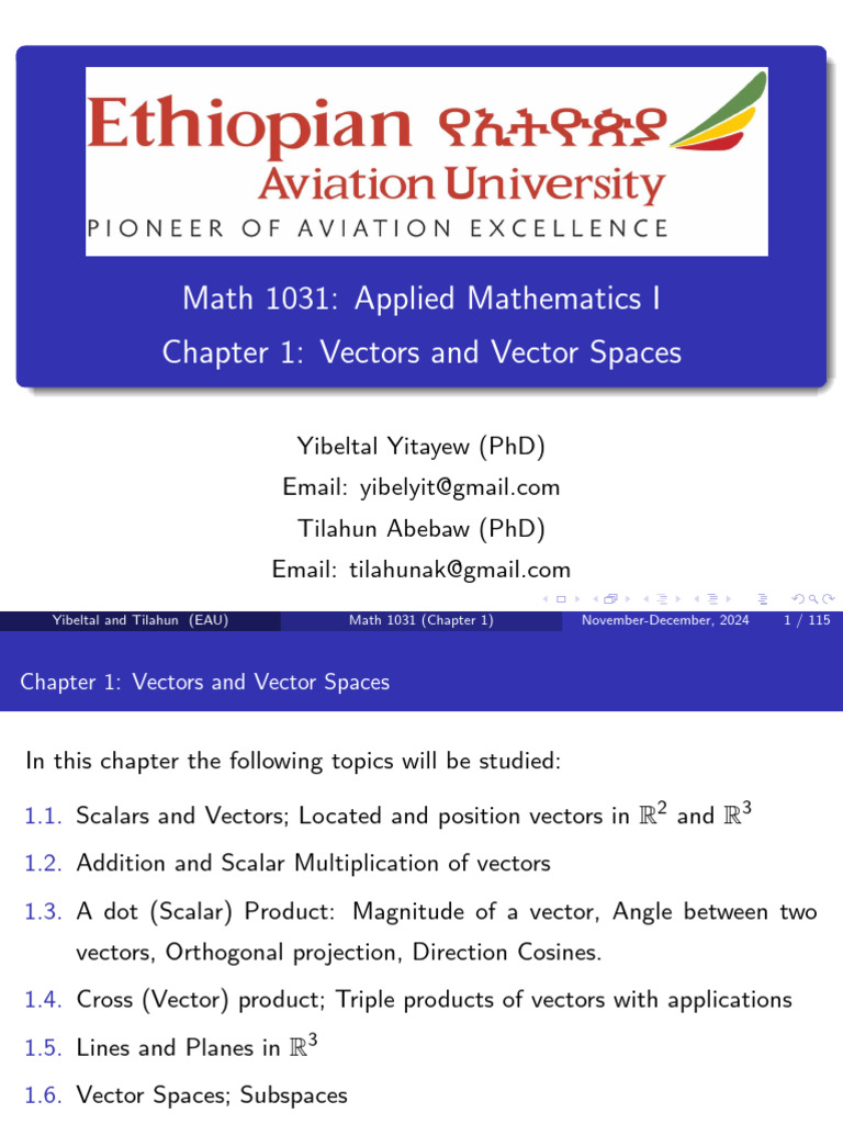 Math1031 Chap 01 Yibeltal | PDF | Vector Space | Euclidean Vector