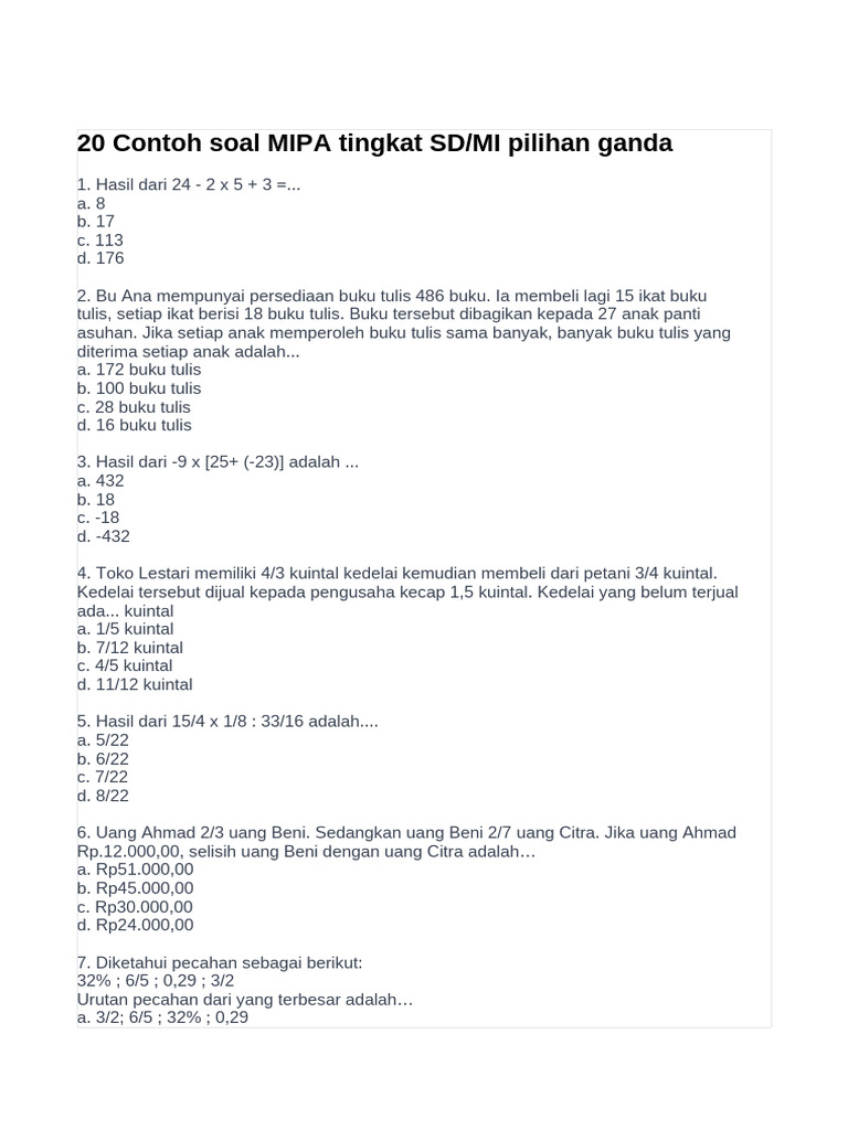 20 Contoh Soal MIPA Tingkat SD | PDF