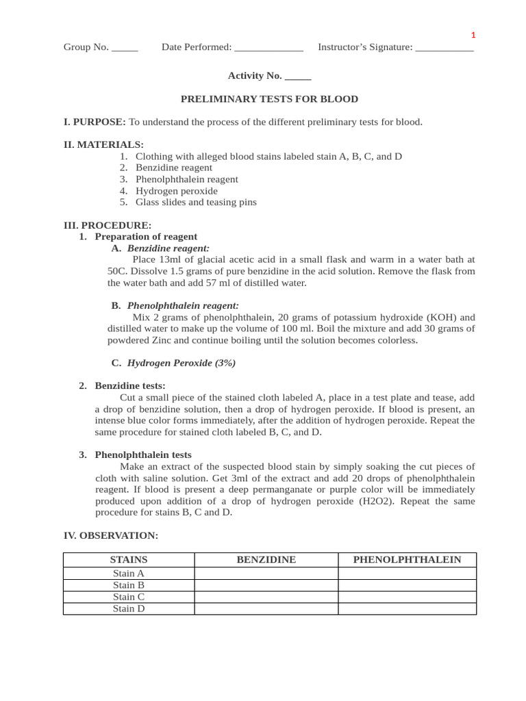 Blood Stain Testing Methods Explained | PDF | Water | Hydrogen Peroxide