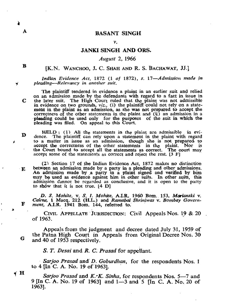 SC 1966 Basant Singh VS Janki Singh | PDF | Lawsuit | Appeal