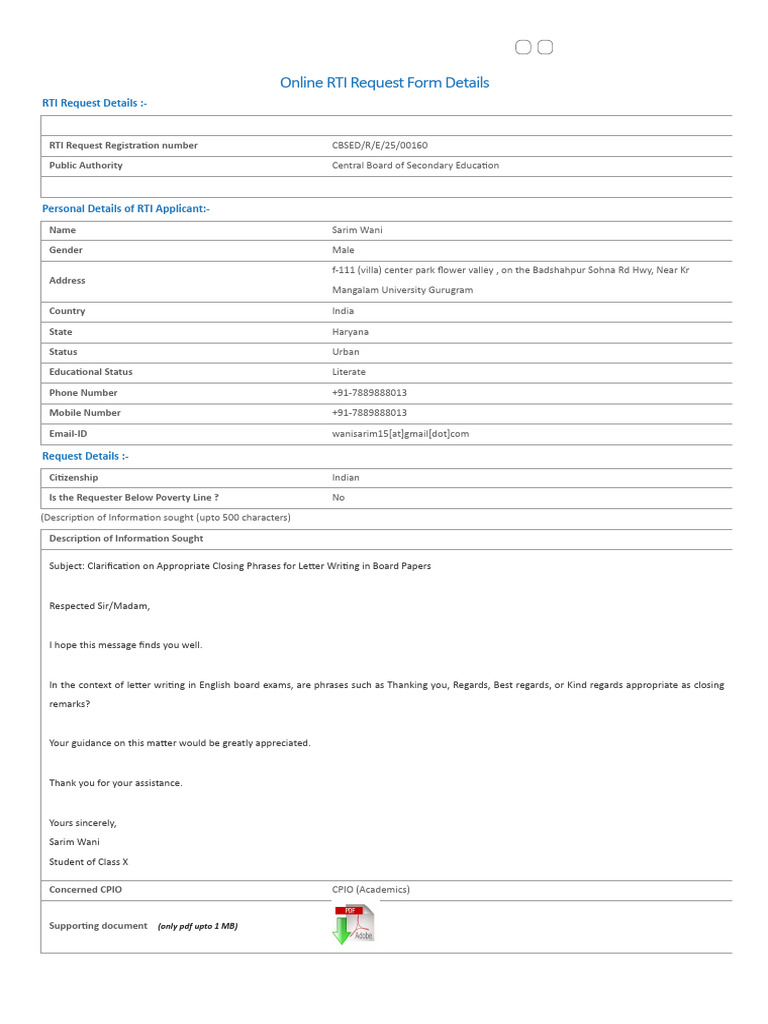 RTI Online - Request - Appeal Form Details | PDF