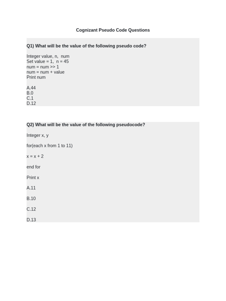 Cognizant Pseudo Code Questions Pdf Integer Computer Science 6233