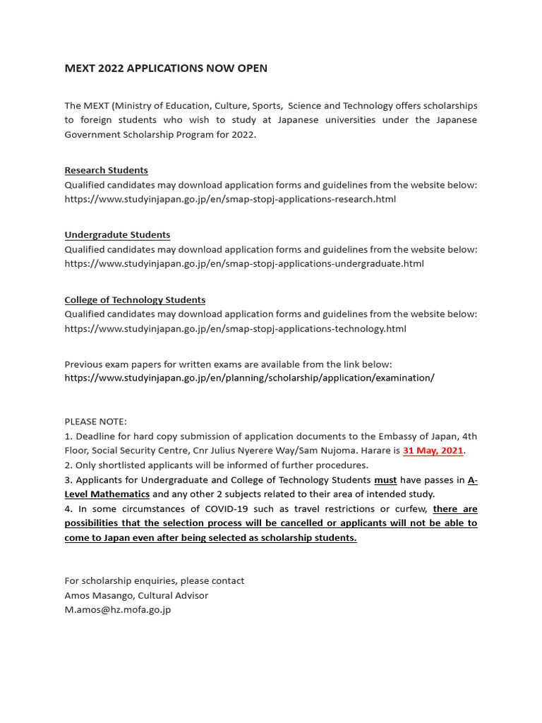 Mext 2022 Applications Now Open: Research Students | PDF