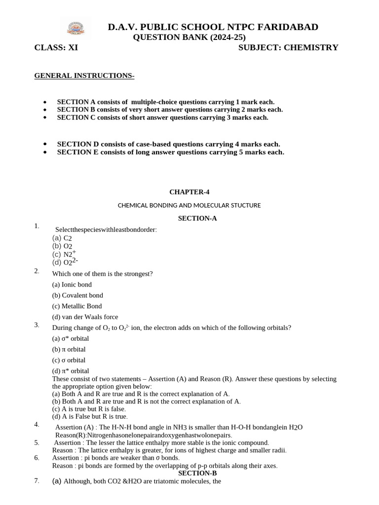 XI Chem Unit Wise Question Bank | PDF | Chemical Bond | Molecular Orbital