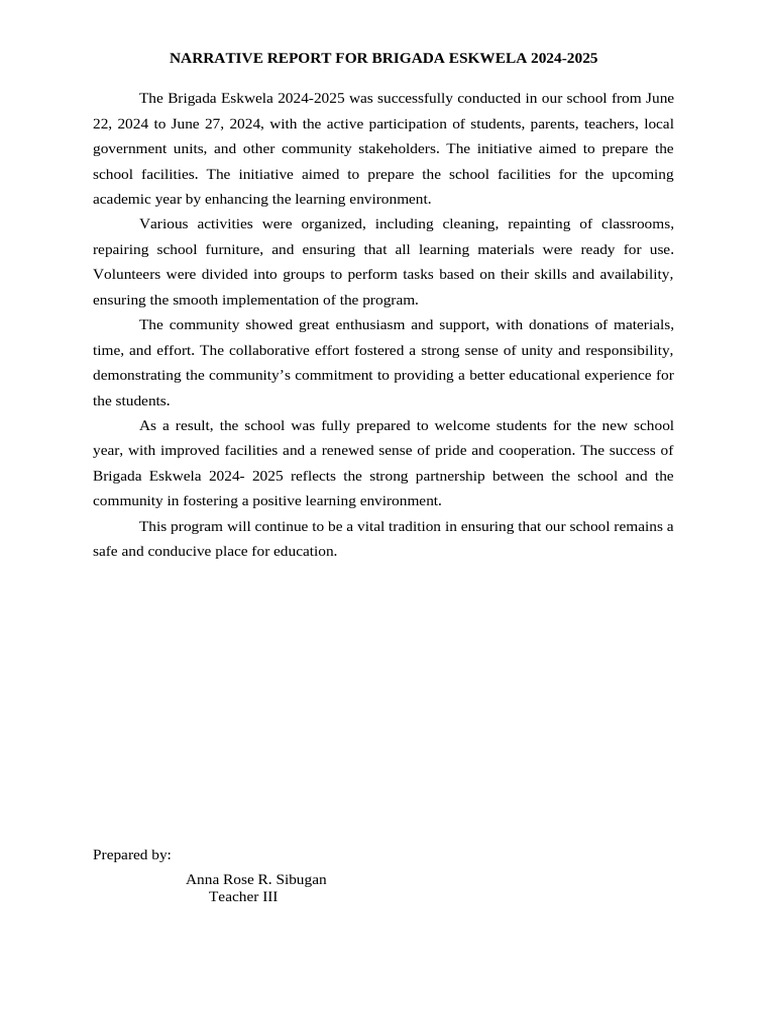 NARRATIVE REPORT (Brigada Eskwela) | PDF