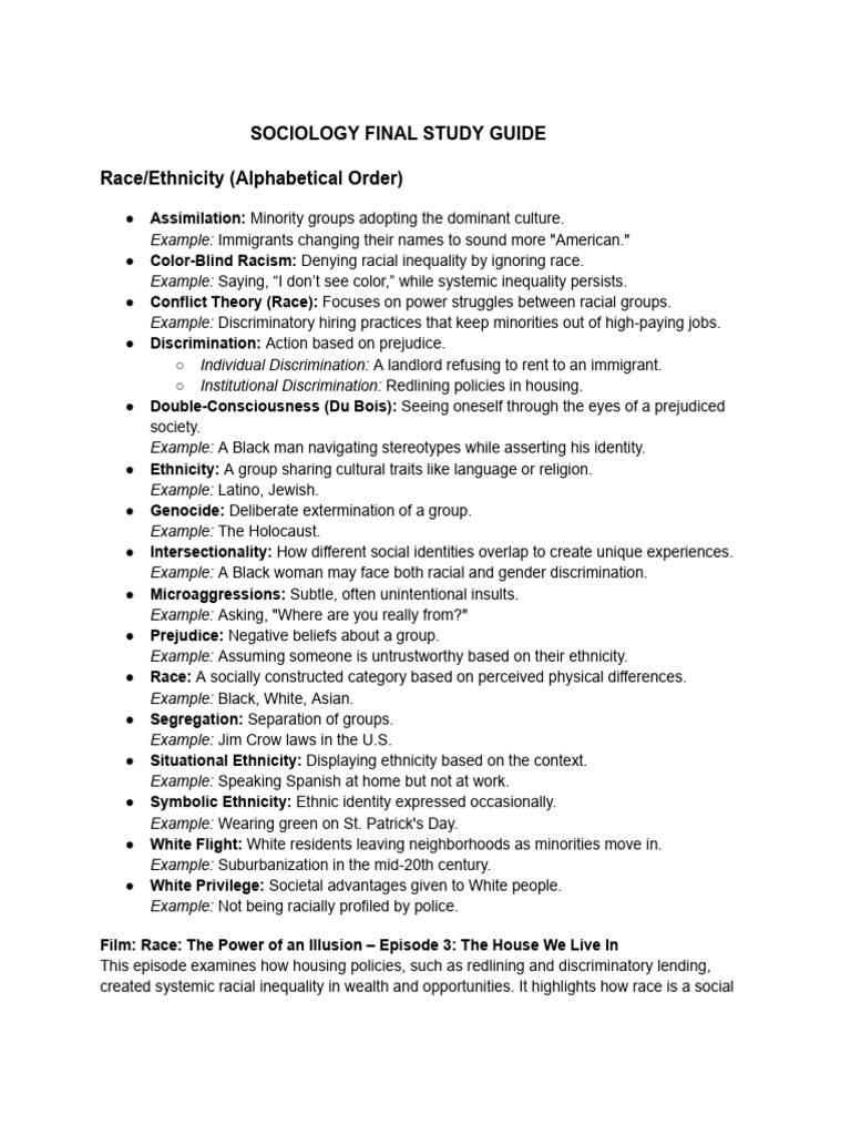 Sociology Final Study Guide | PDF | Discrimination | Gender