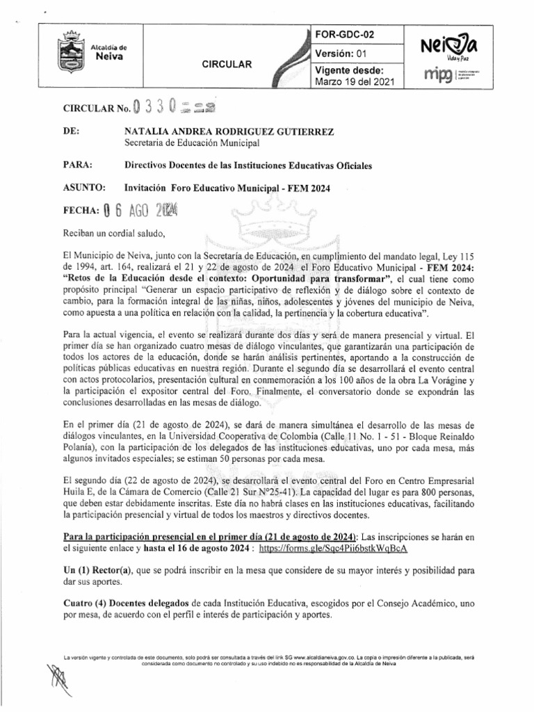 Circular 0330 6082024 Invitacion FORO MUNICIPAL 2024 | PDF