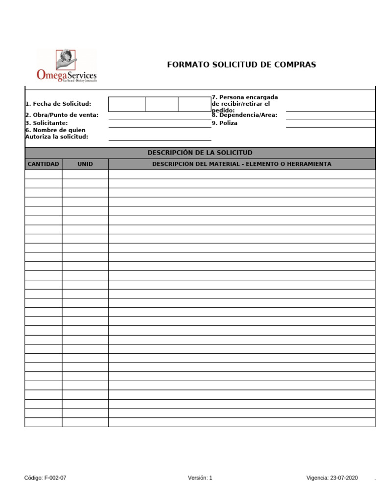 F-002-07 Formato Solicitud de Compras (1) (2) | PDF