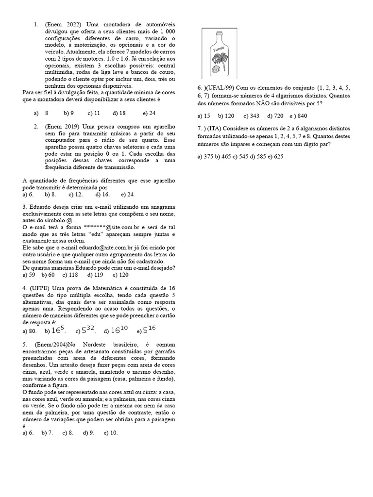 Exercícios complementares sobre contagem, permutação e arranjo | PDF | Cor