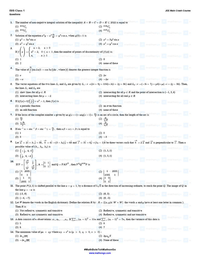Question ISIS Class 1 Set JEE Main Crash Course MathonGo | PDF | Matrix (Mathematics) | Determinant