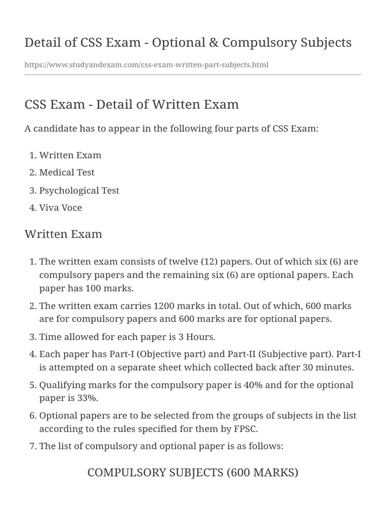 CSS Exam: Compulsory & Optional Subjects | PDF | Persian Language | Science