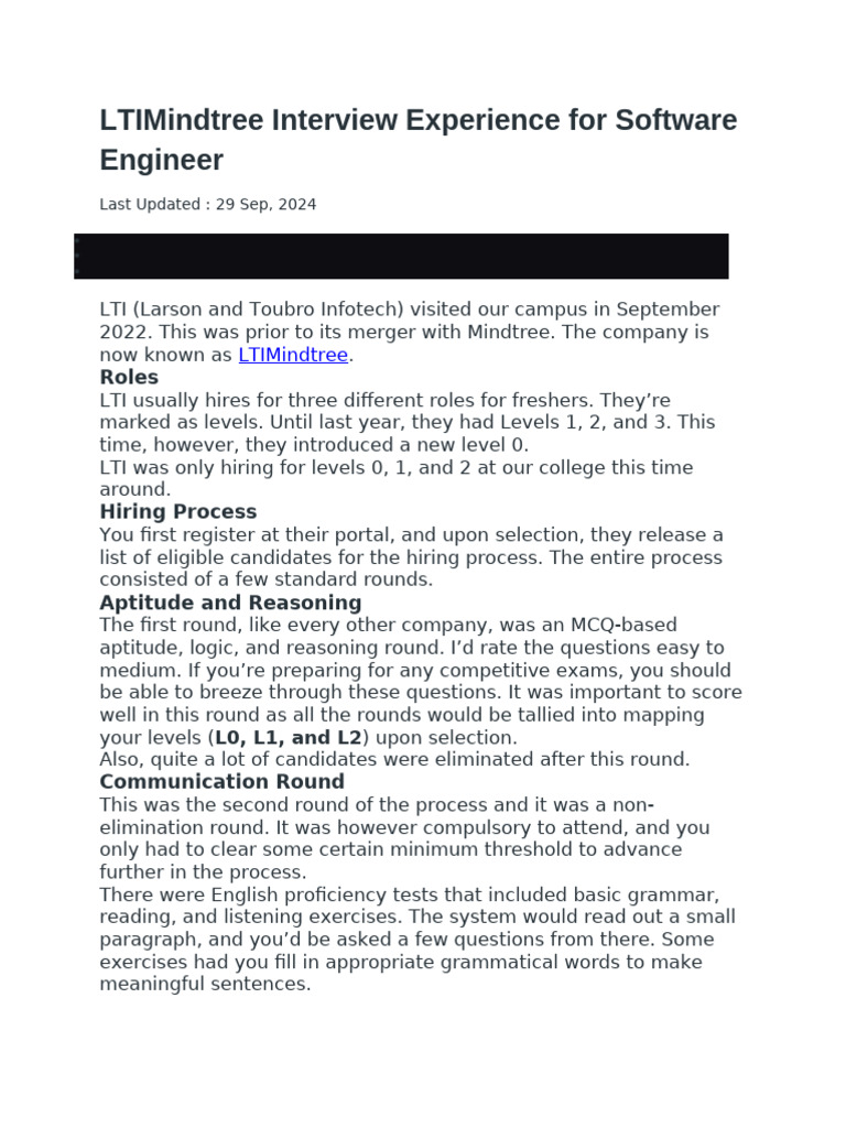 LTIMindtree Interview Experience For Software Engineer | PDF | C++ | Method (Computer Programming)