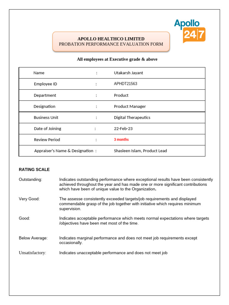 AHL- Probation Performance Evaluation Form - Utakarsh | PDF | Performance Appraisal | Cognition