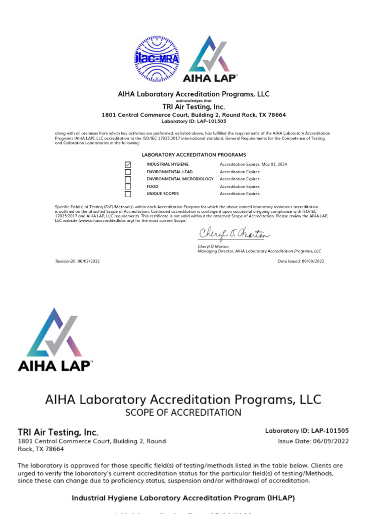 AIHA-Accreditation-Certificate-Scope-5-1-2024-Updated-6-9-2022 | PDF ...