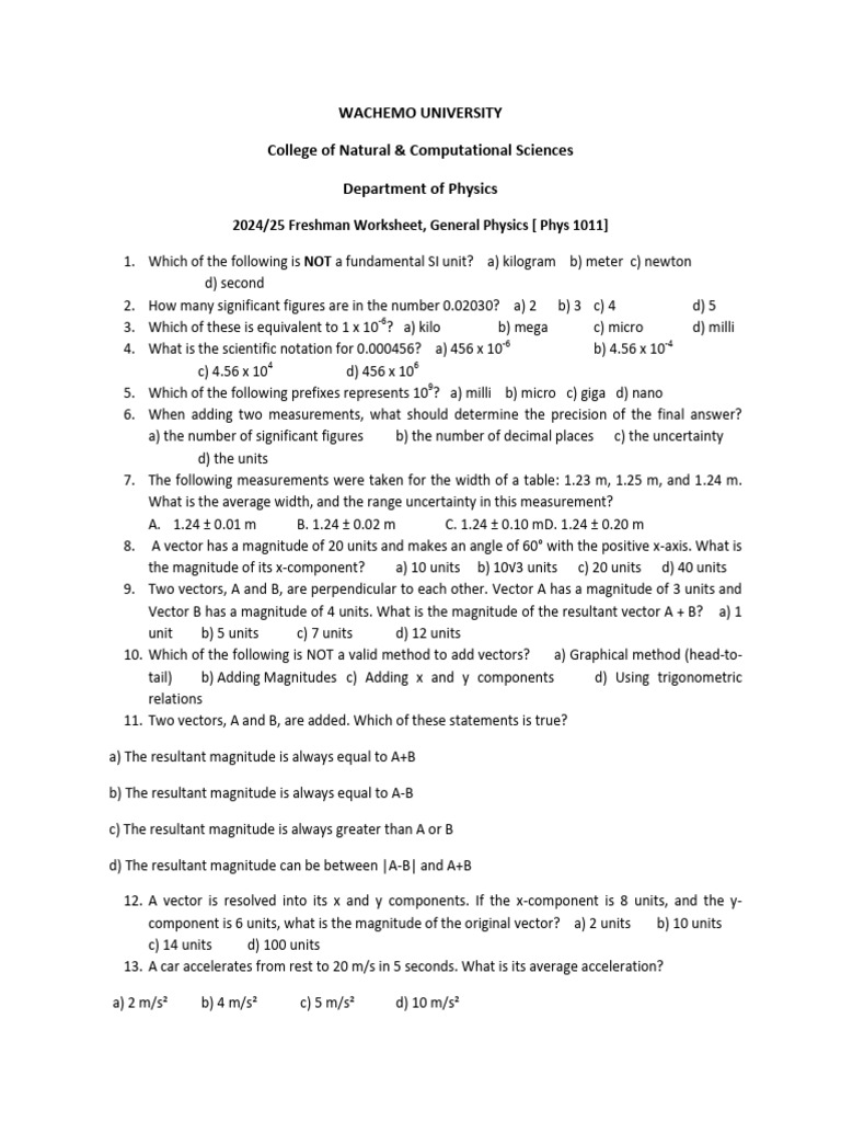 2024 2025 Worksheet General Physics Phys (1011) | PDF | Force | Acceleration