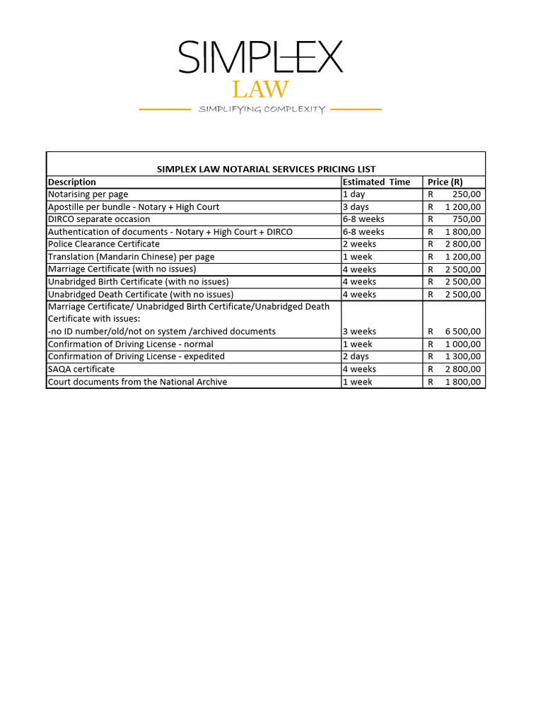 Simplex Law Notarial Services Pricing List | PDF