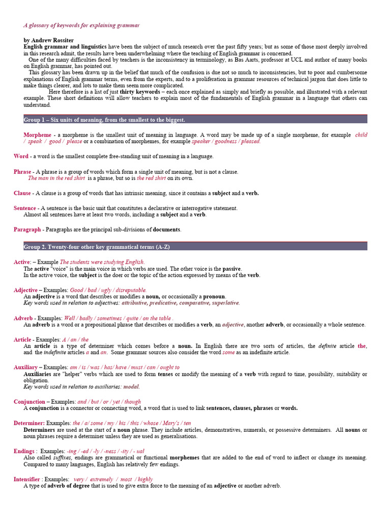 A Glossary of Keywords For Explaining Grammar | PDF | Verb | Adverb