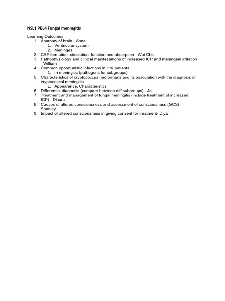 NSL1 PBL4 Fungal Meningitis | PDF | Cerebrospinal Fluid | Central Nervous System