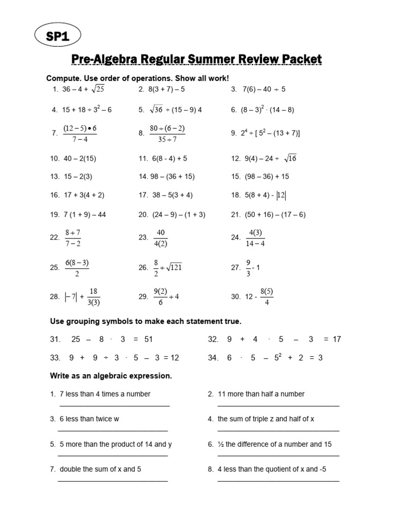Pre-Algebra Review of Skills | PDF | Equations | Mathematics