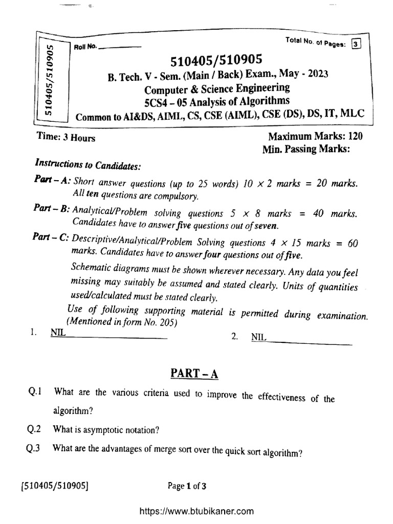 Btech Cs Aids Aiml Ds It Mlc 5 Sem Analysis of Algorithms 510405 May ... Btech Cs Aids Aiml Ds It Mlc 5 Sem Analysis of Algorithms 510405 May ...