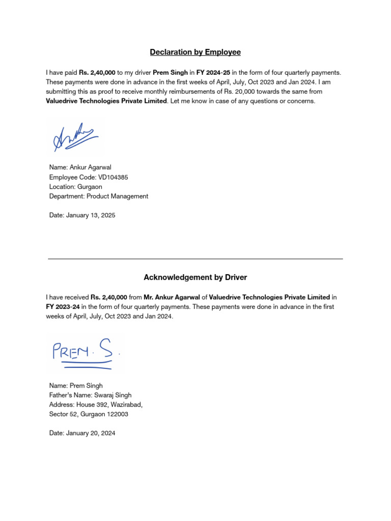 Employee Reimbursement Declaration | PDF