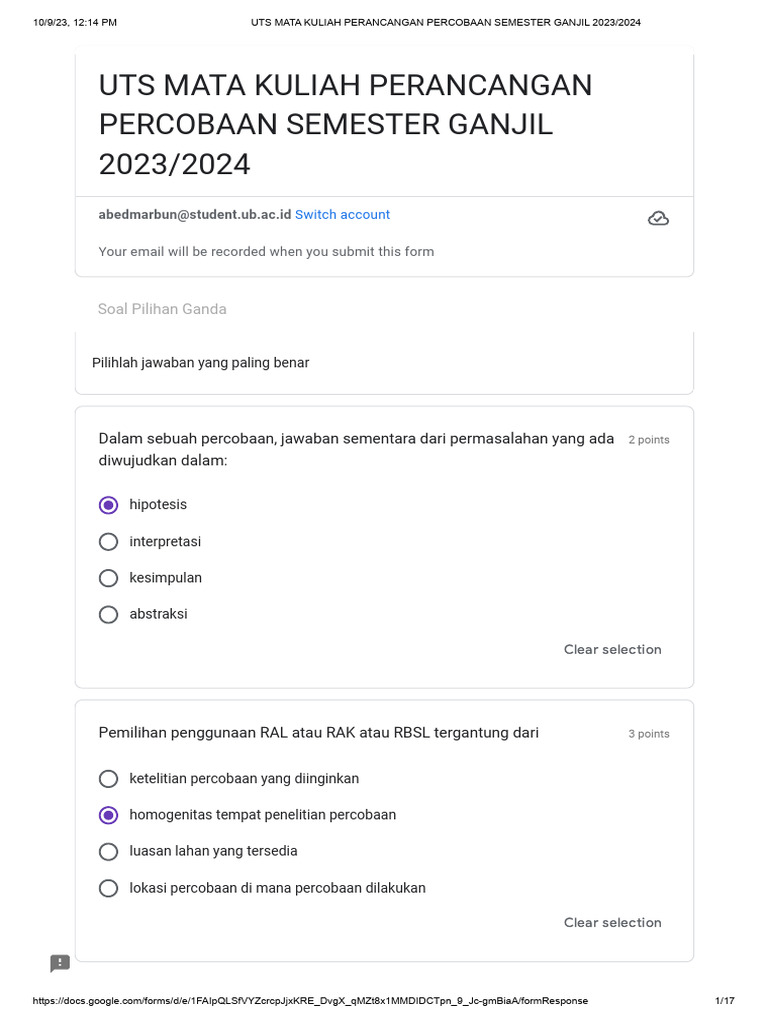 Uts Mata Kuliah Perancangan Percobaan Semester Ganjil 2023_2024 Pg | PDF