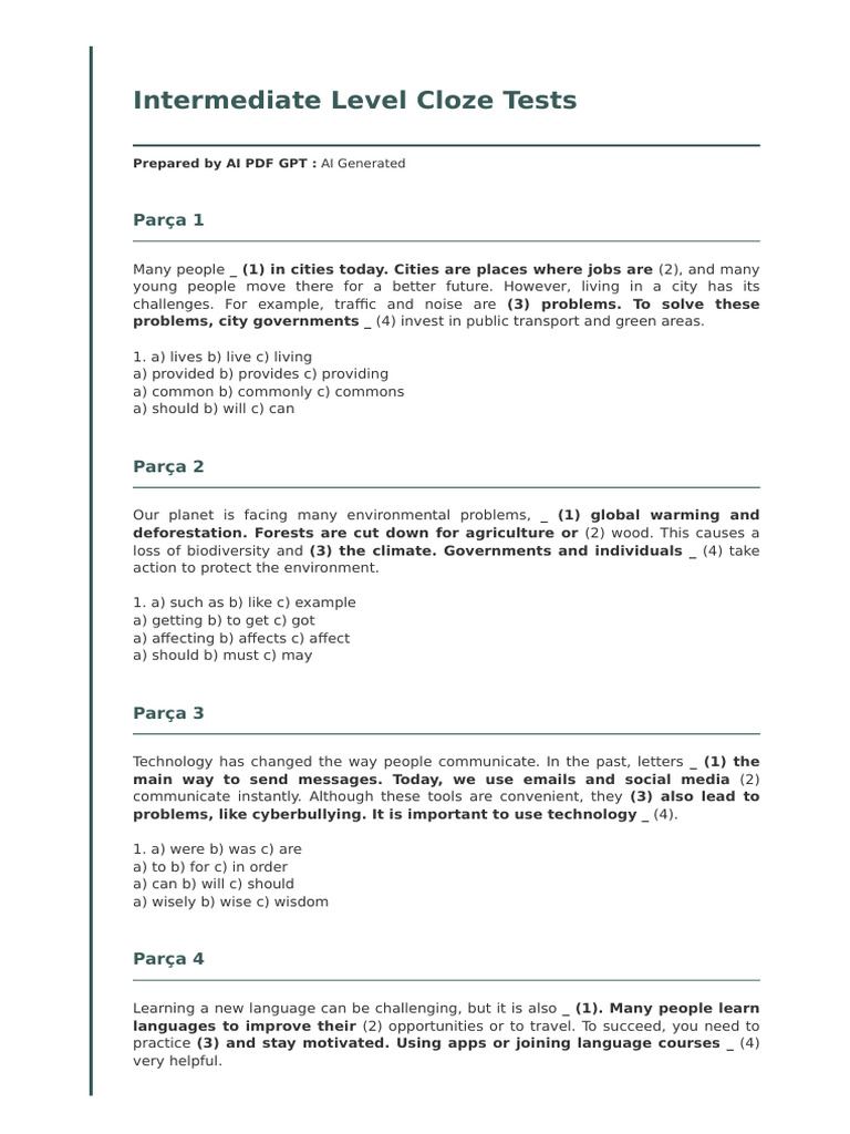 Intermediate Cloze Test Exercises | PDF | Environmental Issues | Nature