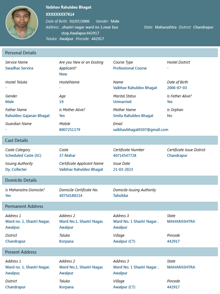 Swadhar Online Form Submitted Vaibhav_090451 | PDF | Qualifications | Educational Stages