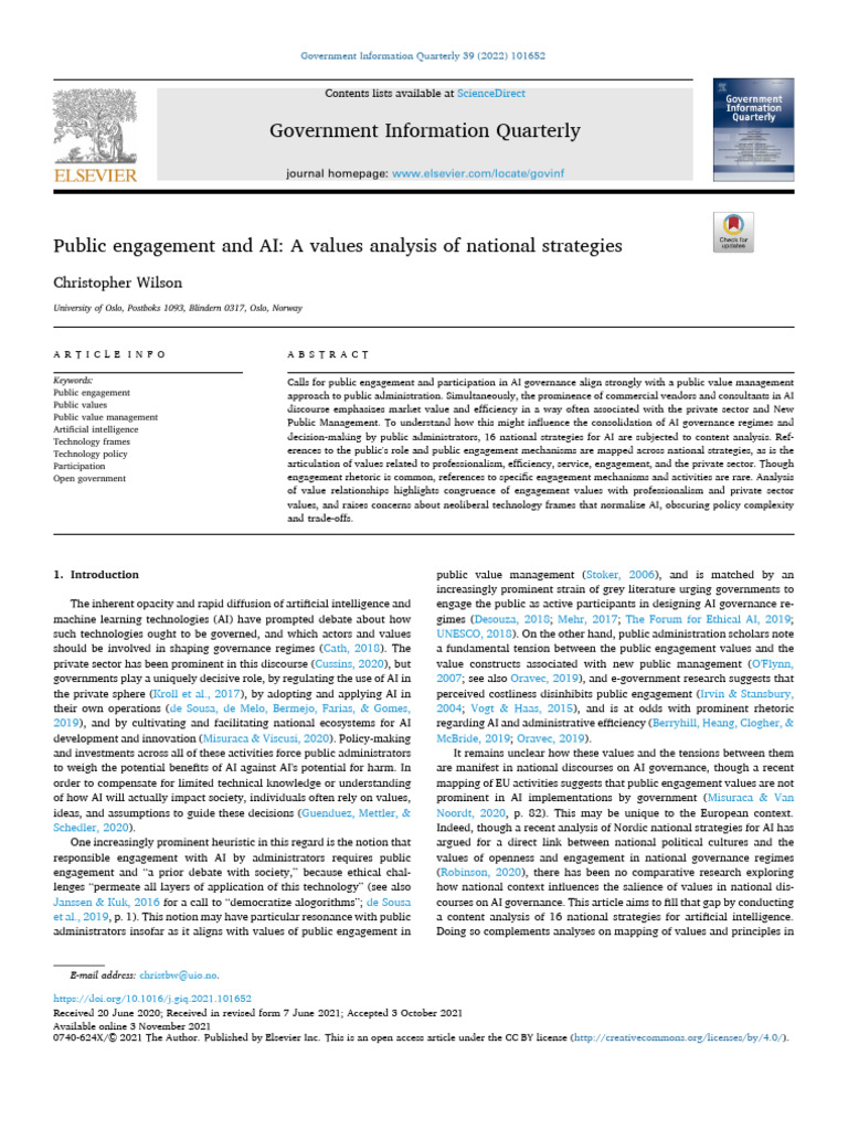 Public Engagement and AI A Values Analysis of N 2022 Government ...