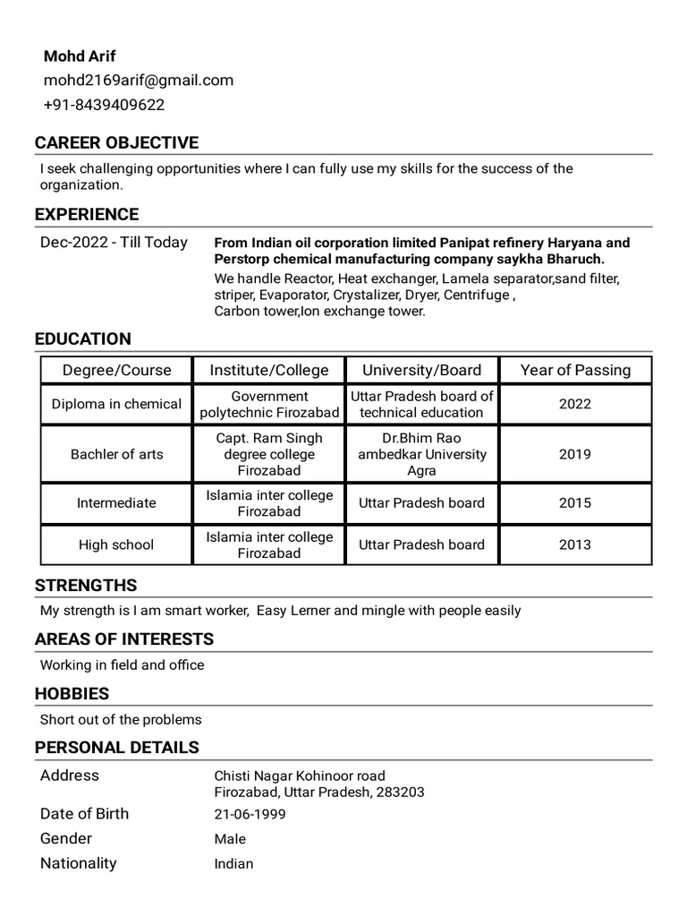 Chemical Engineering Resume of Mohd Arif | PDF