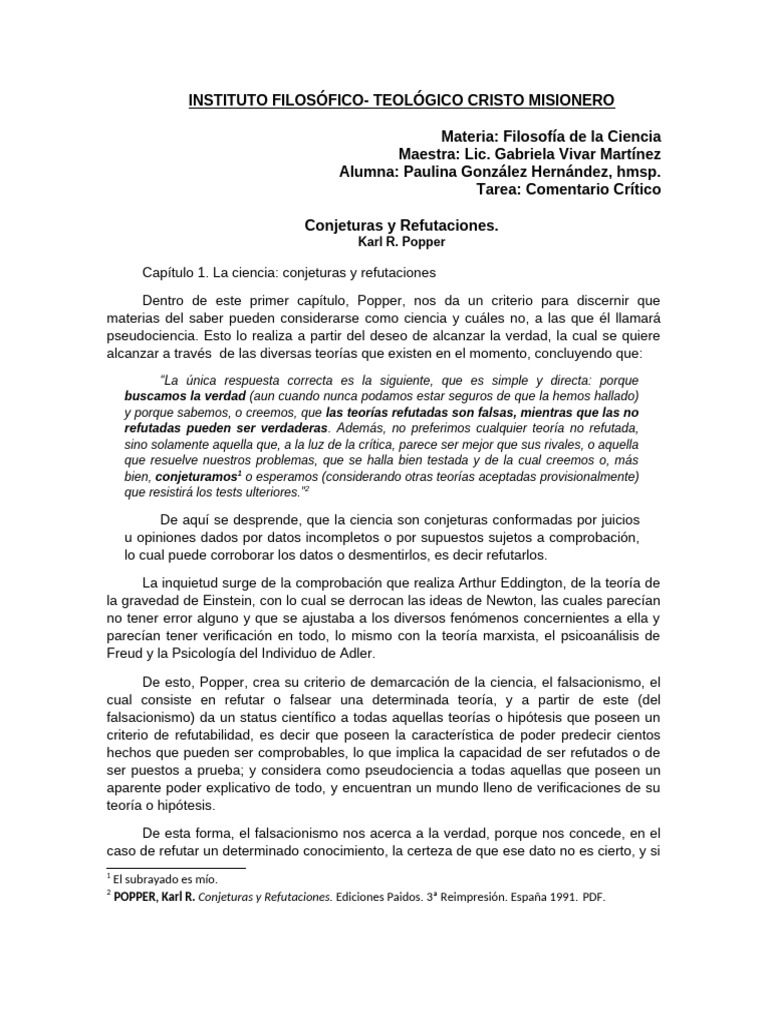 Comentario Crítico. Conjeturas y Refutaciones. Popper | PDF | Karl ...