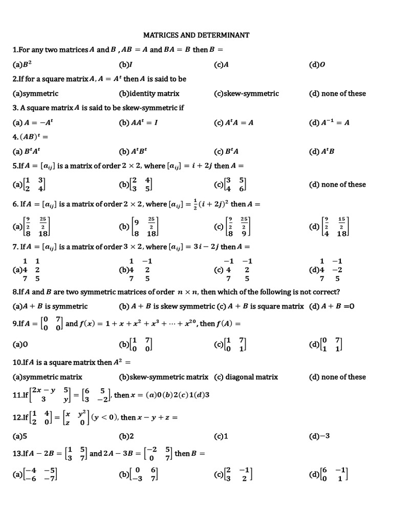 Mcq-Matrices and Determinant | PDF | Matrix (Mathematics) | Matrix Theory