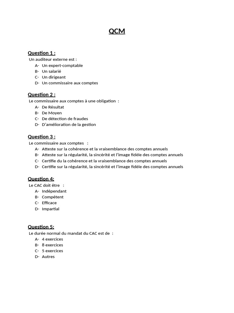 QCM sur l'Audit Comptable et Financier | PDF | Audit financier