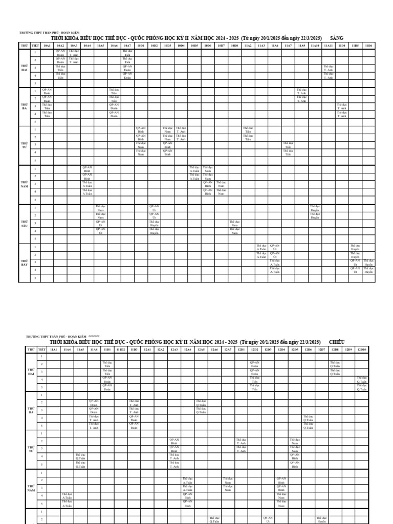 HK2 - TKB học TD QP 2024 2025 | PDF