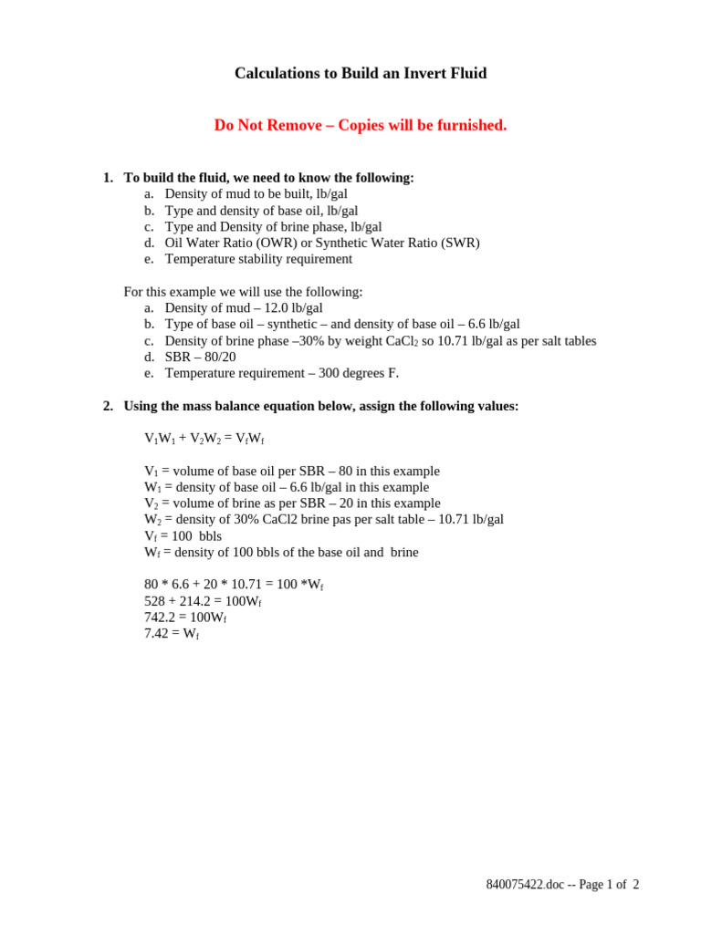 7-12 Calculations To Build An Invert Fluid | PDF | Density | Barrel (Unit)