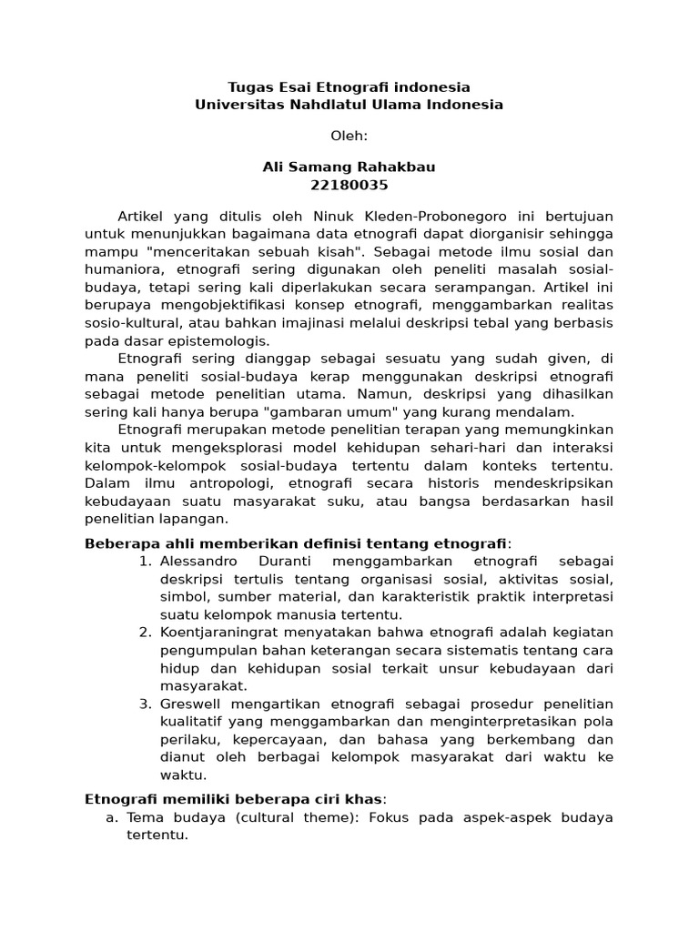 Tugas Esai Etnografi Indonesia | PDF