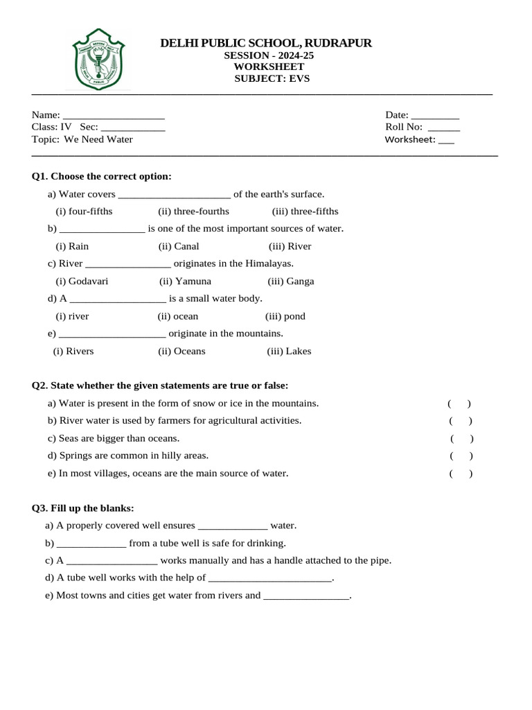 EVS Worksheet on Water for Class IV | PDF | Water | Bodies Of Water