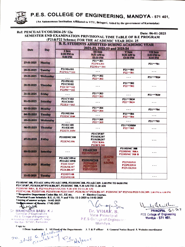 Semester End Examination Provision Time Table of B.E Program (P21 & P22 Scheme) For The AY 2024 ...