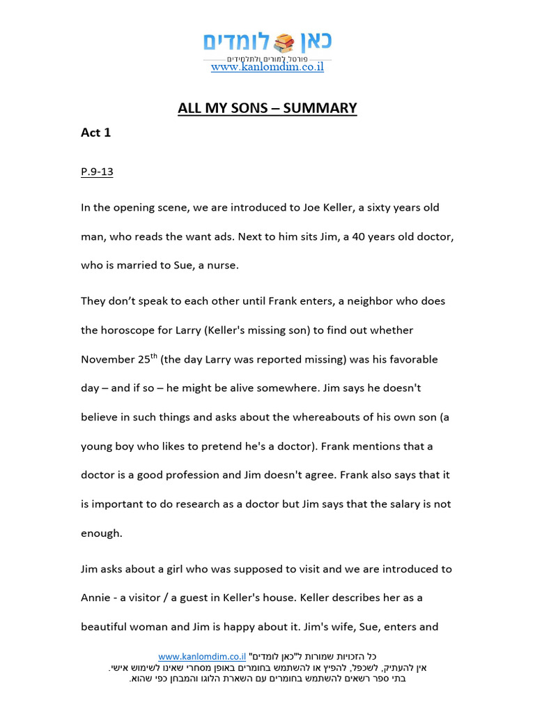 Summary of "All My Sons" Act 1 | PDF