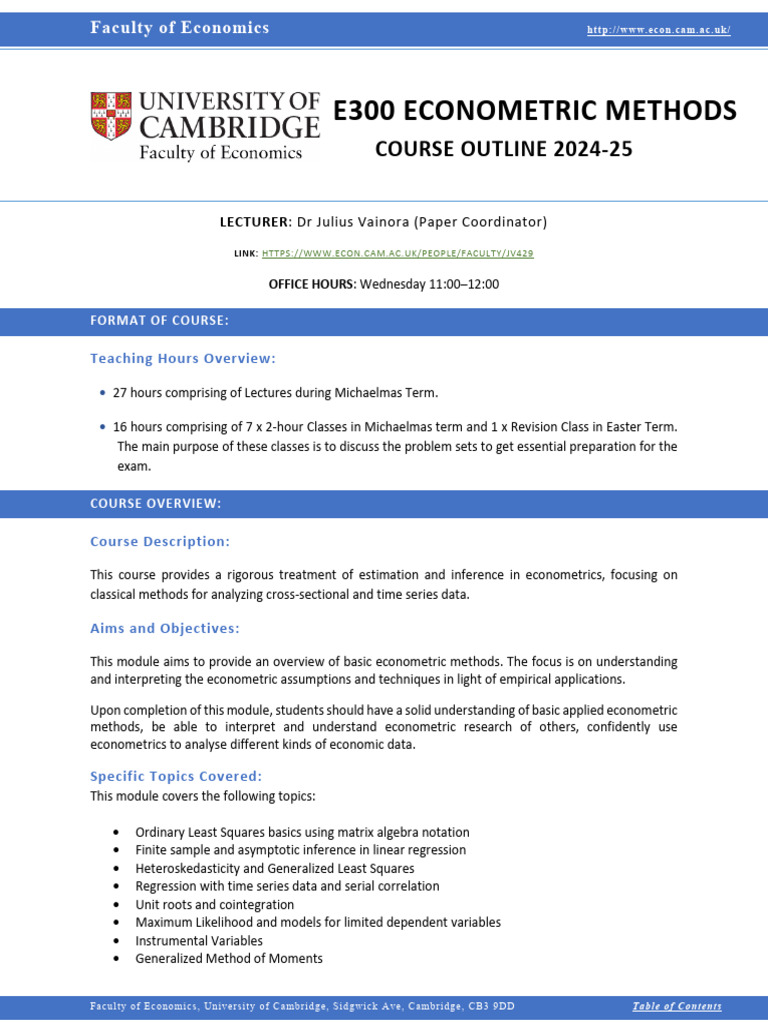 Course Outline E300 2024 25 | PDF | Econometrics | Regression Analysis